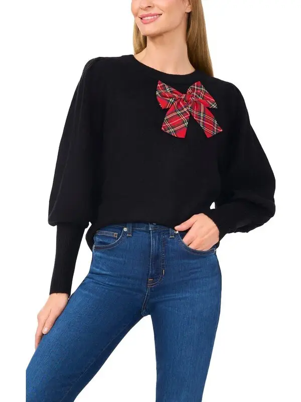 CECE DUPRAZ Plaid Bow Sweater - Rich Black