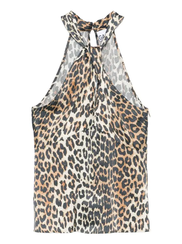 GANNI Leopard-print Satin Halterneck Top - Neutrals