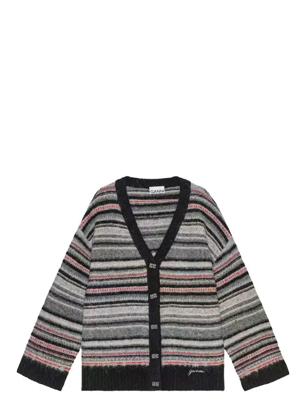GANNI Striped Buttoned Cardigan - Grey