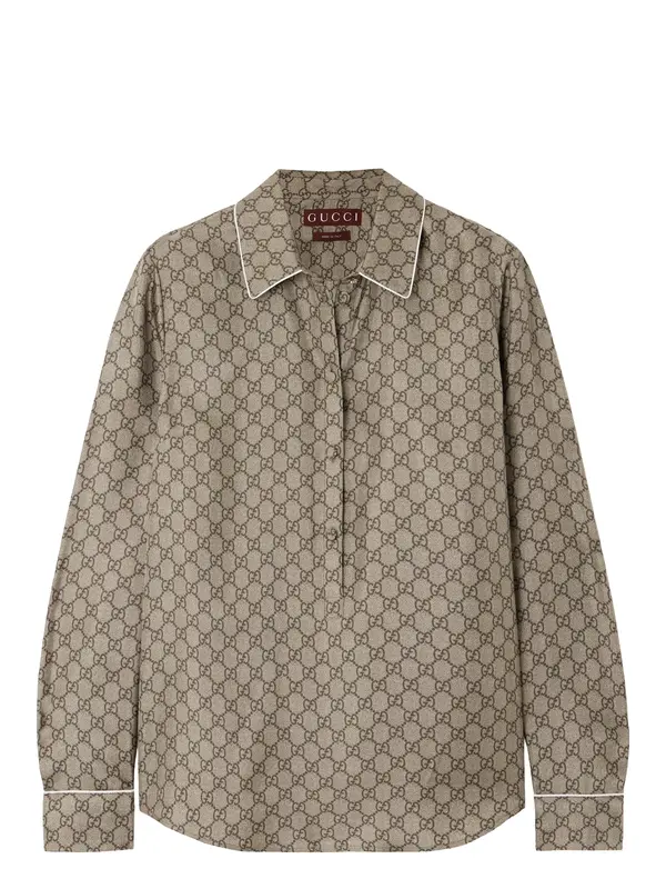 Gucci Monogram-print Silk-satin Shirt - Brown