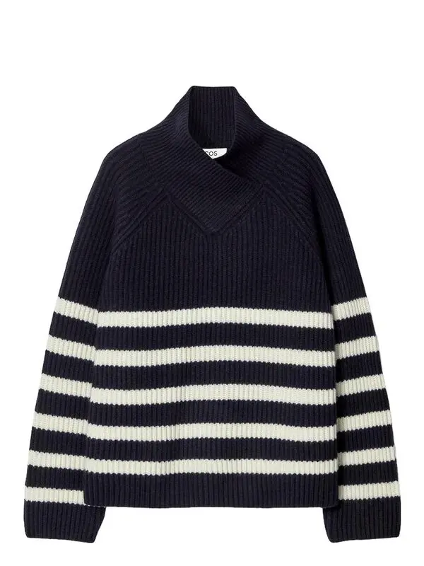 Cos Wrap-collar Merino Wool Sweater - Navy
