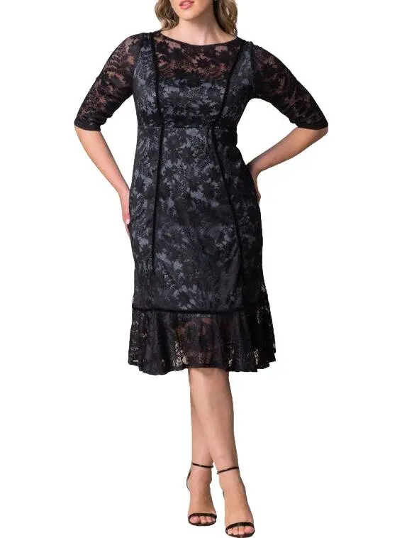 KIYONNA Hampton Lace Ruffle Hem Cocktail Dress - Shadowed Stream