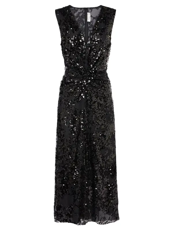Victoria Beckham Sequined Gathered Midi Dress - Black