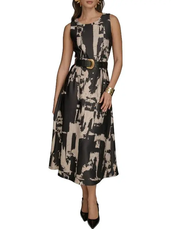Donna Karan New York Abstract Print Midi Dress - Black/ Sand Multi