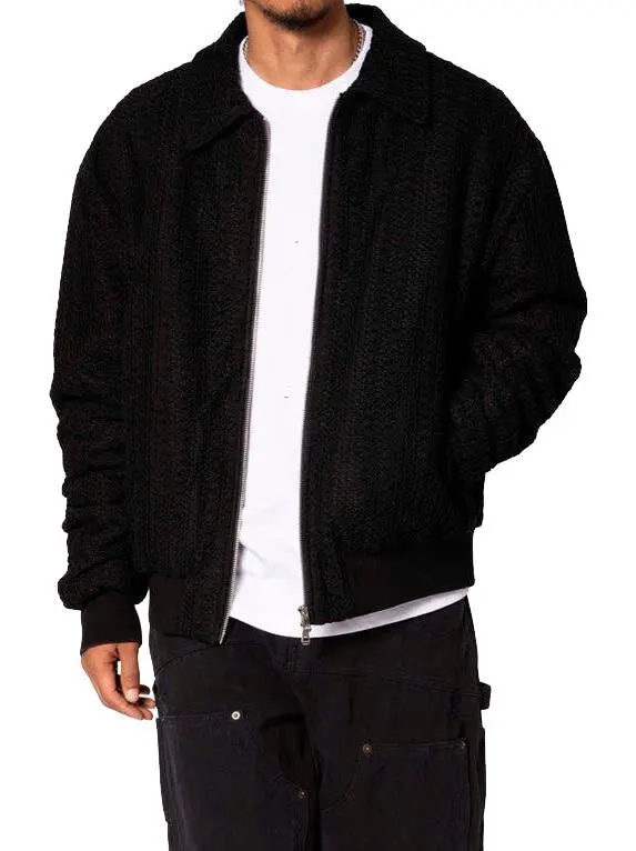 Mnml Open Stitch Knit Bomber Jacket - Black
