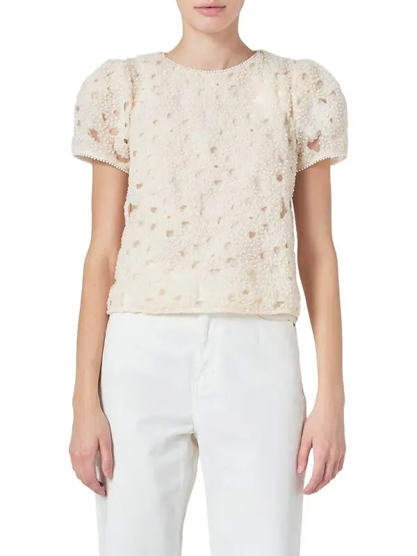 Endless Rose Faux Pearl Puff Sleeve Top - Champagne