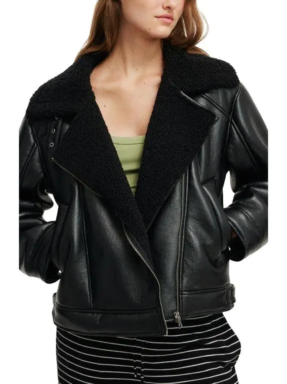 COTTON ON Dakota Faux Leather Aviator Jacket - Black