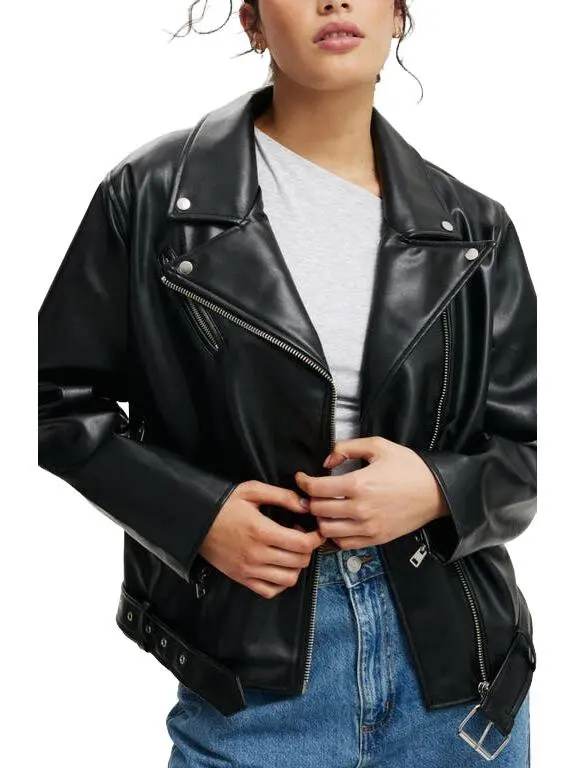 COTTON ON Roman Faux Leather Biker Jacket - Black
