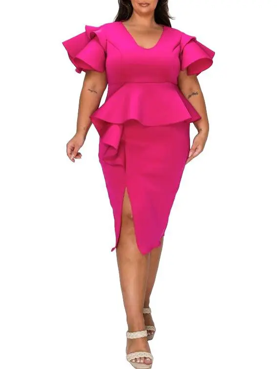 L I V D Kira Neoprene Peplum Dress - Fuchsia