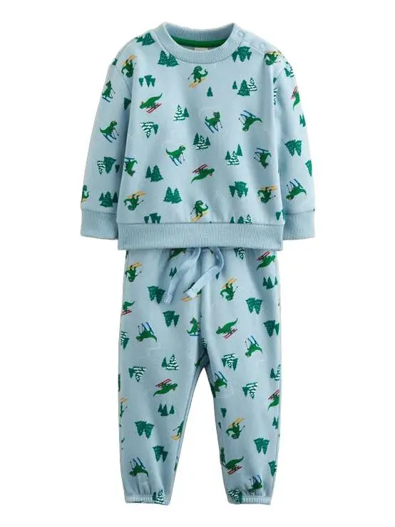 TUCKER + TATE Print Fleece Sweatshirt & Sweatpants Set - Blue Basalt Dinosaur Ski