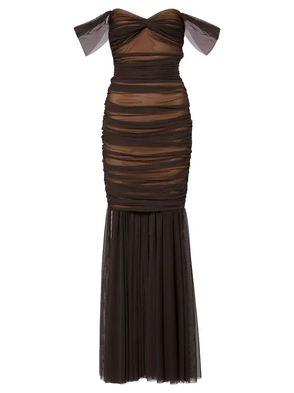 Norma Kamali Walter Ruched Mesh Gown - Brown