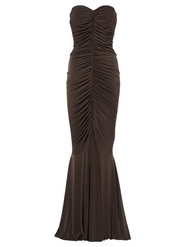 Norma Kamali Strapless Ruched Jersey Gown - Brown