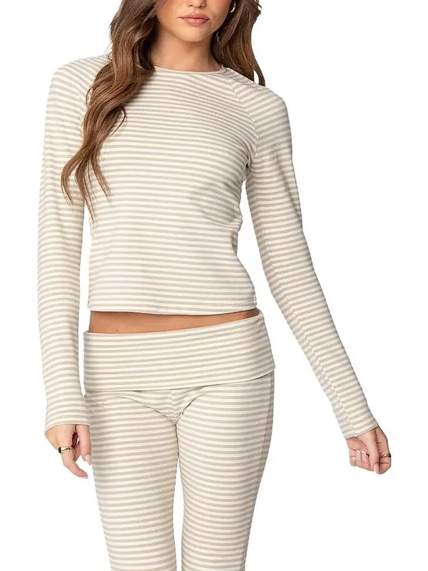 EDIKTED Kaeli Striped Long Sleeve T-shirt - Beige