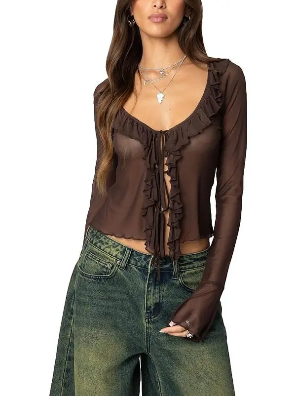 EDIKTED Sheer Mesh Ruffled Top - Brown