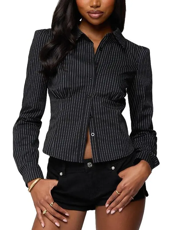 EDIKTED Tailored Pinstripe Button Up Shirt - Black