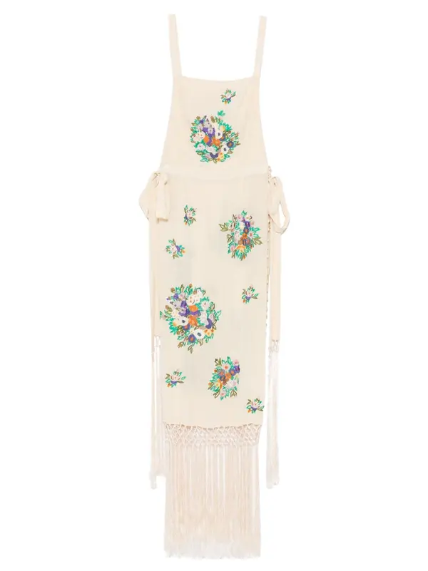 BODE Floral-embroidered Midi Dress - Neutrals