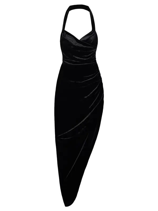 Norma Kamali Cayla Asymmetric Ruched Velvet Halterneck Gown - Black
