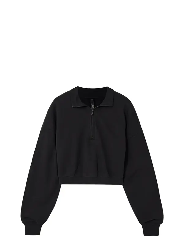 SKIMS Cropped Cotton-blend Jersey Half-zip Sweater - Black