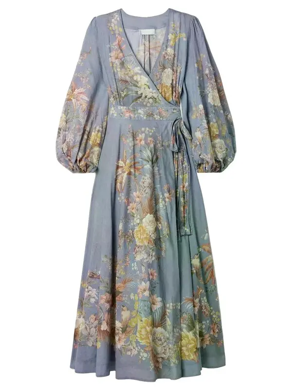 Zimmermann Tallow Floral-print Cotton-voile Midi Wrap Dress - Blue
