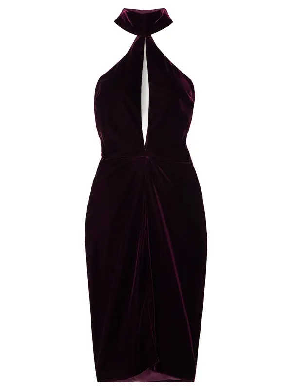 TOM FORD Cutout Draped Velvet Halterneck Midi Dress - Burgundy