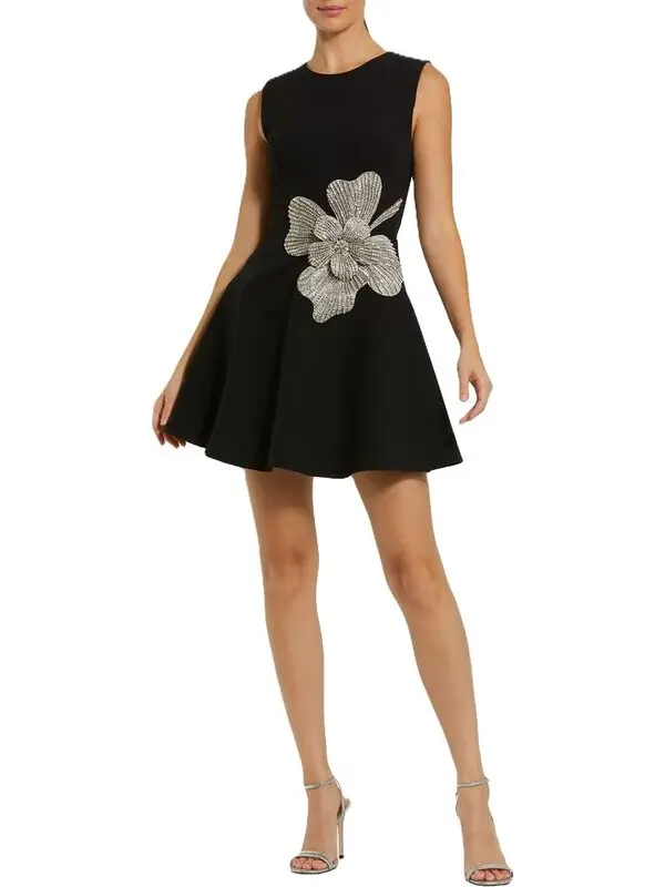 Mac Duggal Crepe Mini Dress With Rhinestone Flower - Black