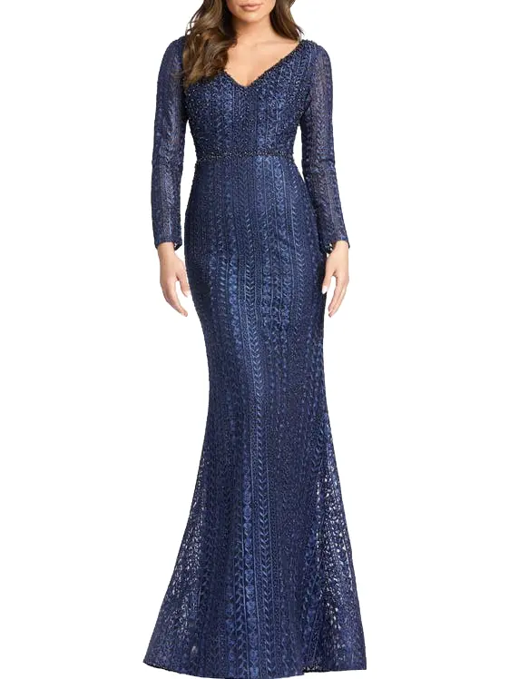 Mac Duggal Embroidered Long Sleeve Trumpet Gown - Midnight