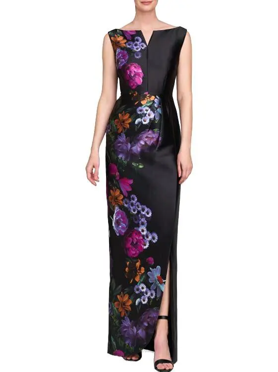KAY UNGER Helene Placed Floral Print Column Gown - Raven/ Boysenberry