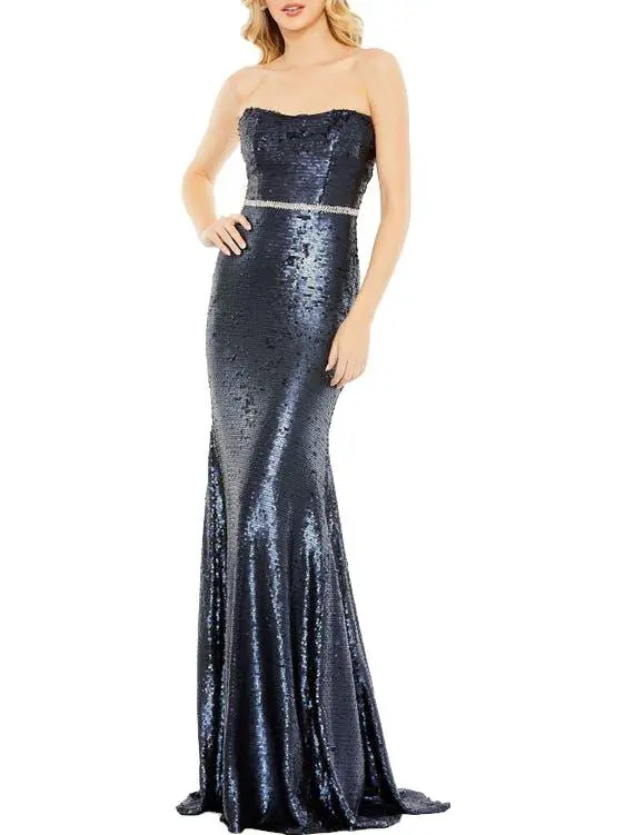 Mac Duggal Sequined Strapless Gown With Rhinestone Belt - Midnight