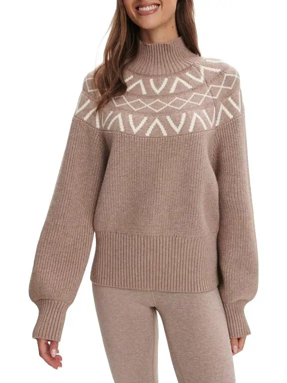 Varley Marcie Fair Isle Mock Neck Sweater - Light Taupe Marl