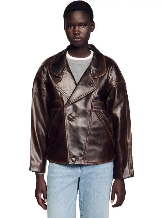 Sandro Oversized Leather Jacket - Brown