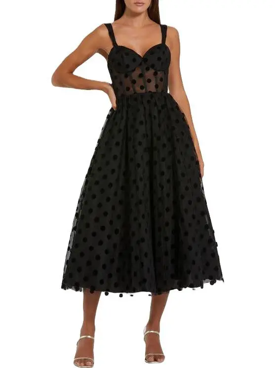 Mac Duggal Polka Dot Tulle A-line Midi Dress - Black