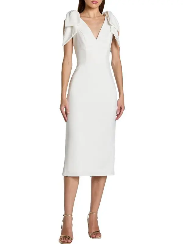 Mac Duggal Bow Strap Crepe Fitted Midi Dress - Ivory