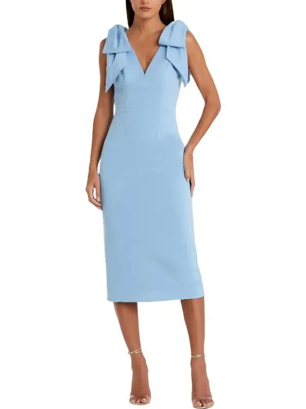 Mac Duggal Bow Strap Crepe Fitted Midi Dress - Powder Blue
