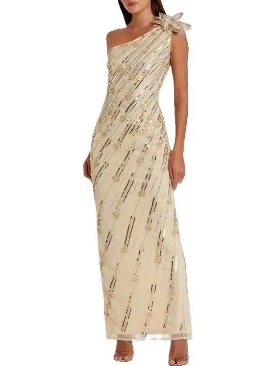 Mac Duggal Embellished Floral One Shoulder Gown - Nude Gold
