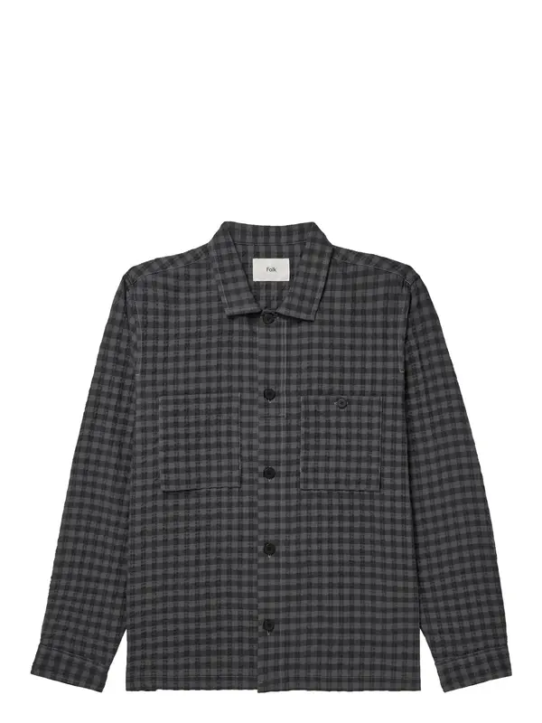Folk Patch Checked Seersucker Overshirt - Blue