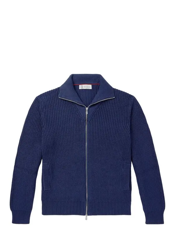 Brunello Cucinelli Ribbed Cotton Zip-up Cardigan - Blue