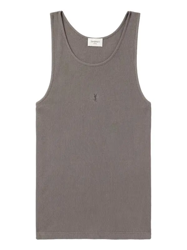 Saint Laurent Logo-embroidered Ribbed Cotton Tank Top - Gray