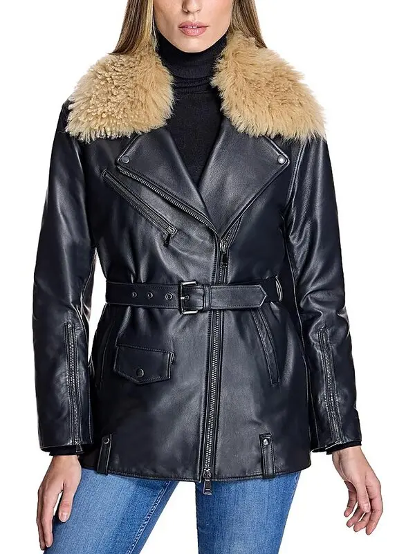 MAXIMILIAN Leather Moto Jacket With Detachable Shearling Collar - Black/beige