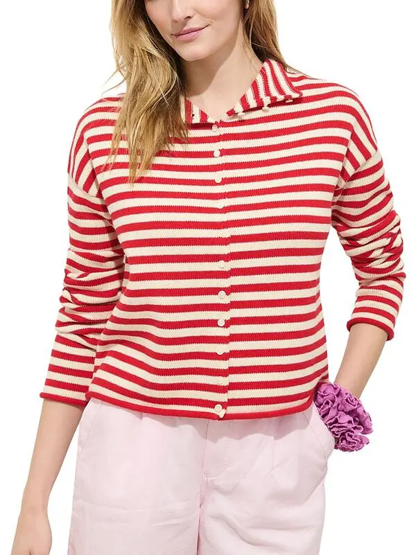 ALEX MILL Taylor Striped Cardigan - Ivory/red
