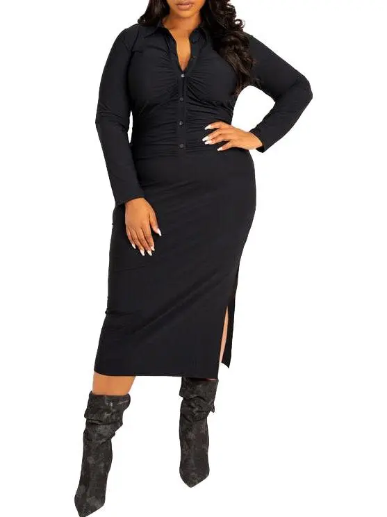 BUXOM COUTURE Ruched Body-con Shirt Dress - Black