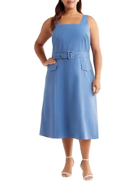 TAHARI ASL Belted Denim Midi Dress - Indigo