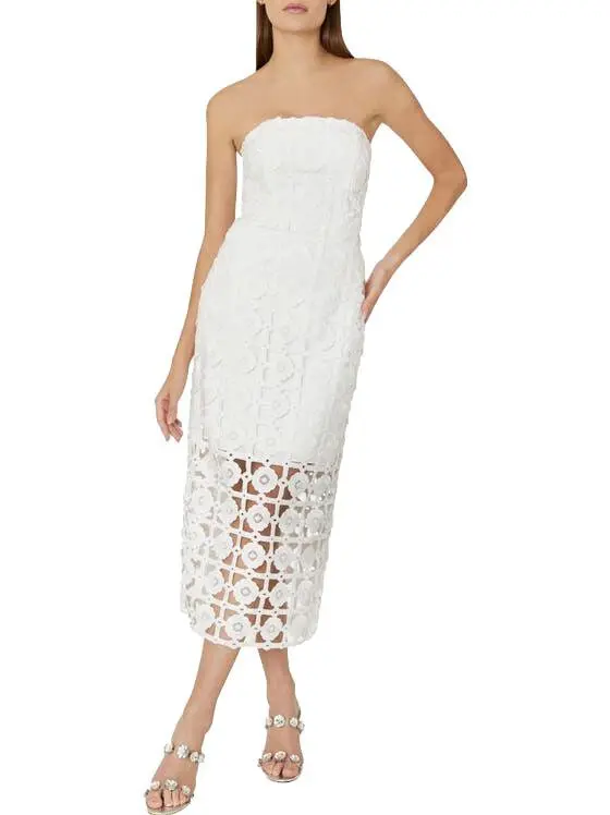 MILLY Kait Strapless Tile Lace Midi Dress - White