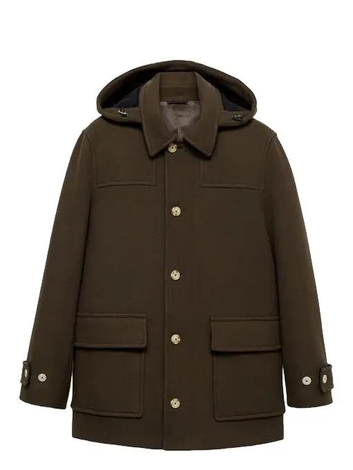 Mango Wool Blend Coat With Removable Hood - Khaki Green