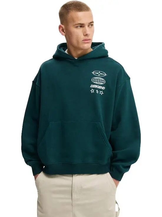 COTTON ON Box Fit Graphic Fleece Hoodie - Deep Sea Teal Descend