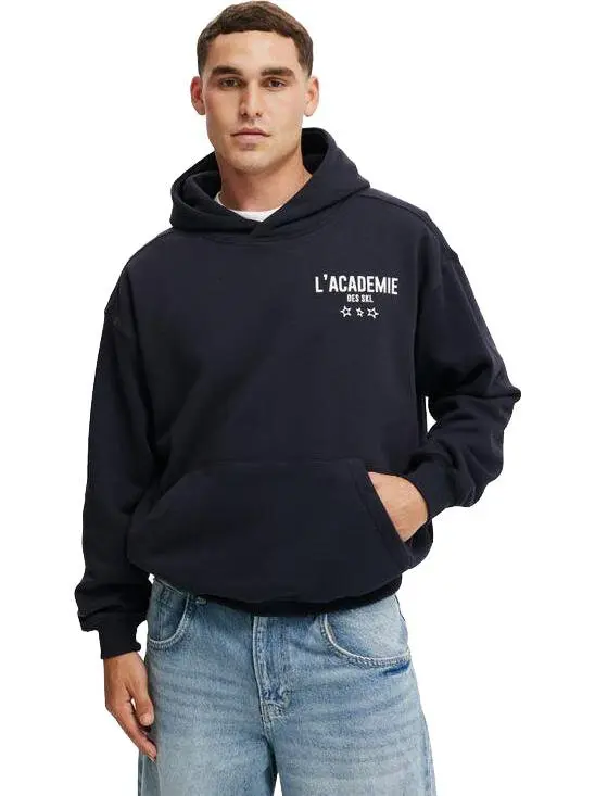 COTTON ON Box Fit Graphic Fleece Hoodie - Ink Navy Academie Des Ski