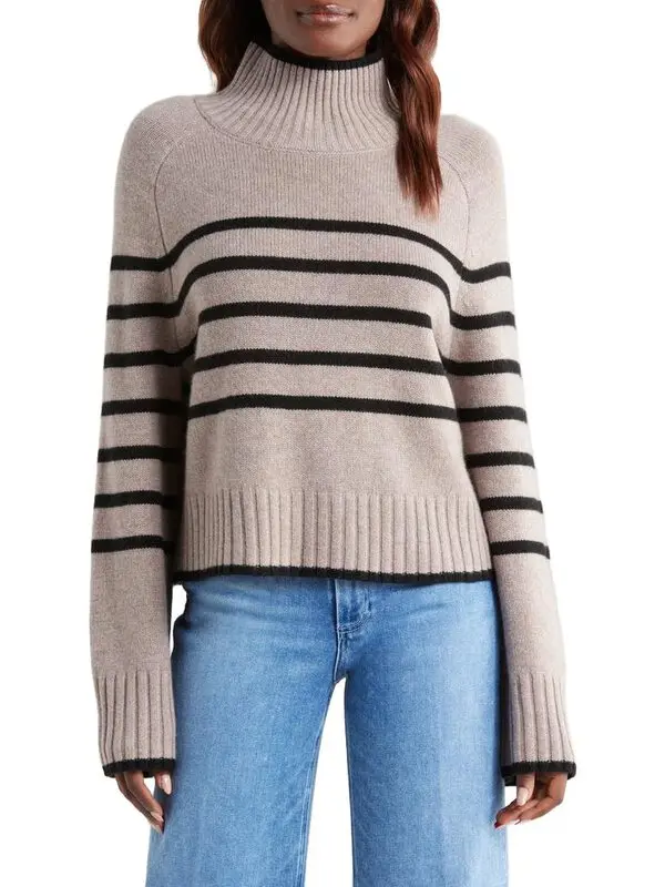 REFORMATION Brooke Crop Cashmere Turtleneck Sweater - Toast / Black Stripe