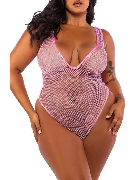 ROMA CONFIDENTIAL Crystal Embellished Fishnet Thong Teddy - Pink