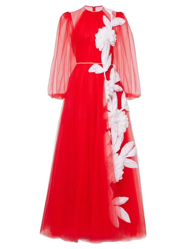 Costarellos Floral Appliqué Tulle Gown - Red