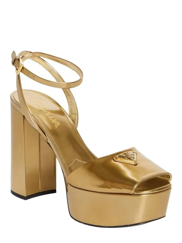 Prada Logo Metallic Leather Platform Sandal - Platino