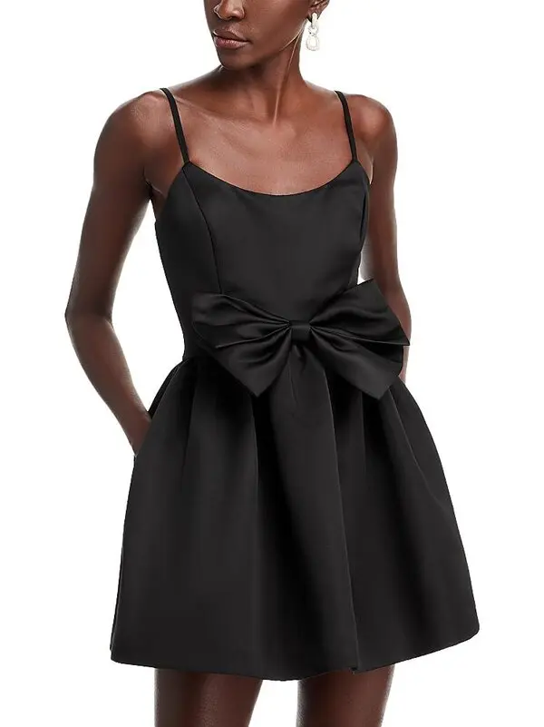 Aqua Satin Bow Mini Dress - Black